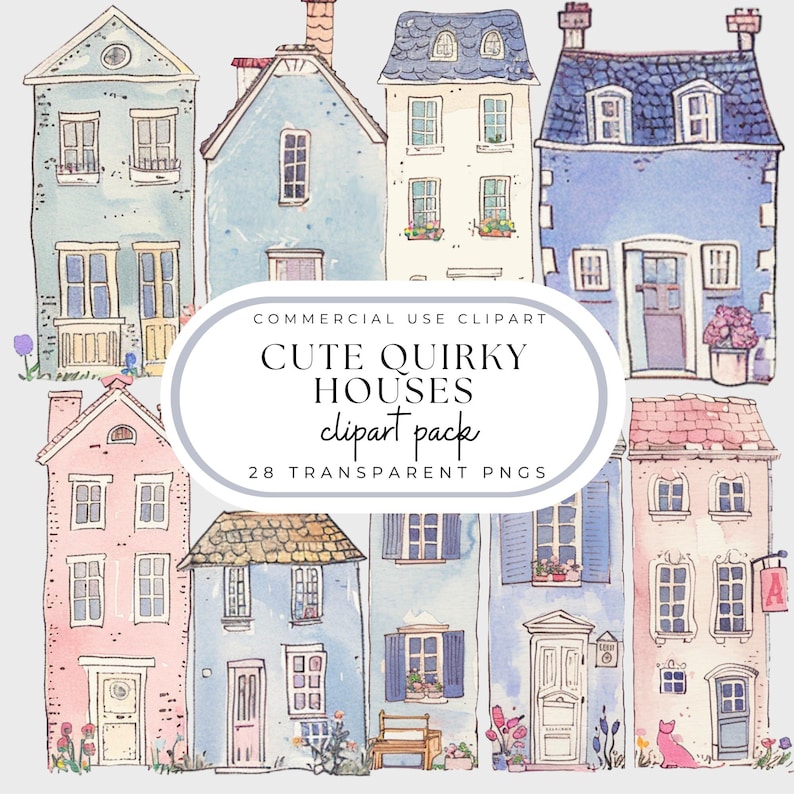 Cute House Clipart Pack, Quirky Watercolor Houses, Whimsical Tiny House ...