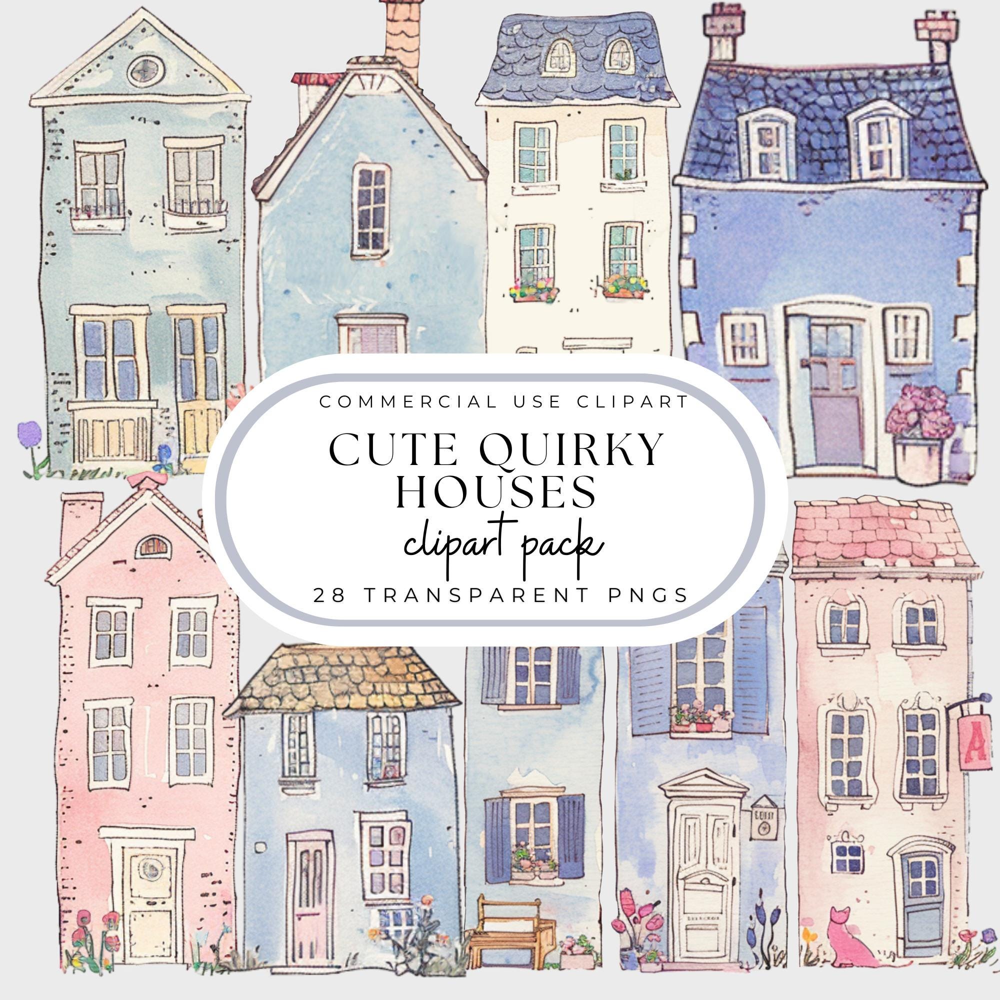 Cute House Clipart Pack, Quirky Watercolor Houses, Whimsical Tiny House ...