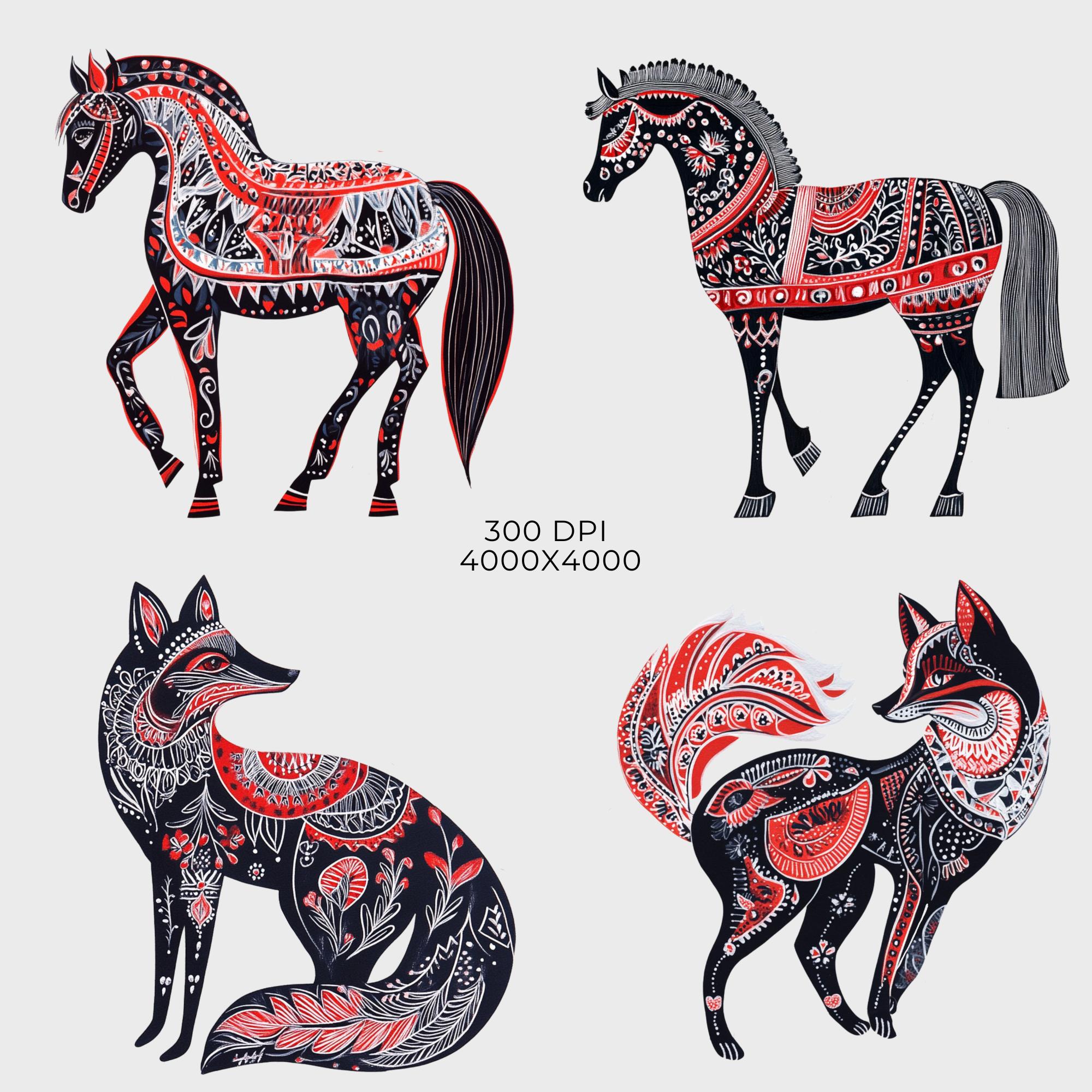 Scandinavian Folk Art Clipart Nordic Whimsical Animals Pngs Black and ...
