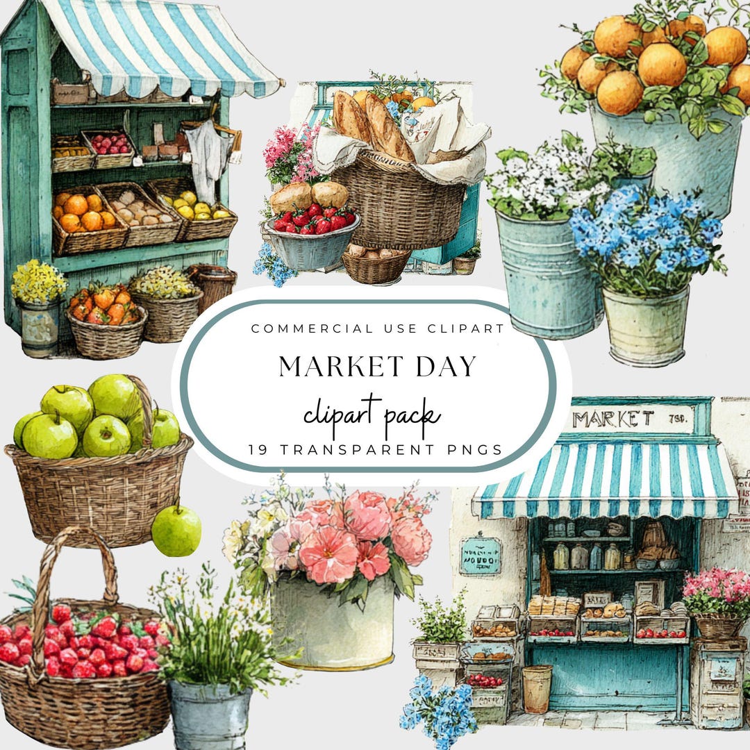 Watercolor Farmers Market Clipart | European Vintage Stalls (PNG) - Etsy