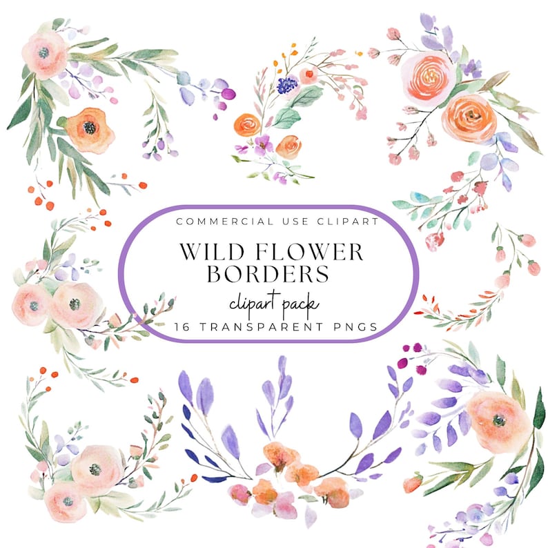 Watercolor Wildflower Border Clipart: Pastel Floral Pngs (digital ...