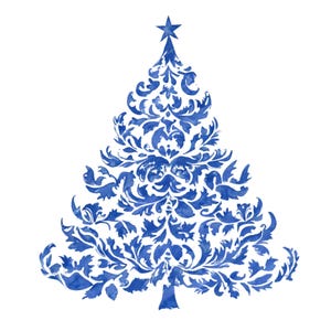 Blue Toile Tree Clipart, Blue and White Watercolor Toile Tree PNG ...