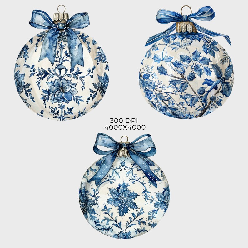 Blue Toile Christmas Ornaments Clipart: Watercolor PNG Pack - Etsy