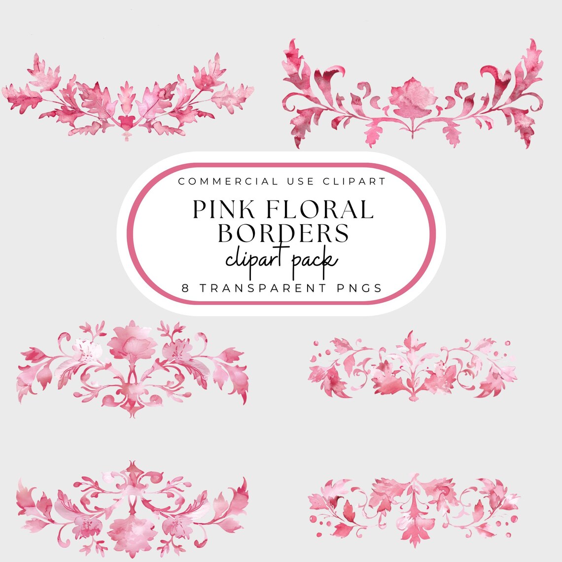Pink Floral Border PNG, Clipart Pack, Watercolor Frames, Grand ...