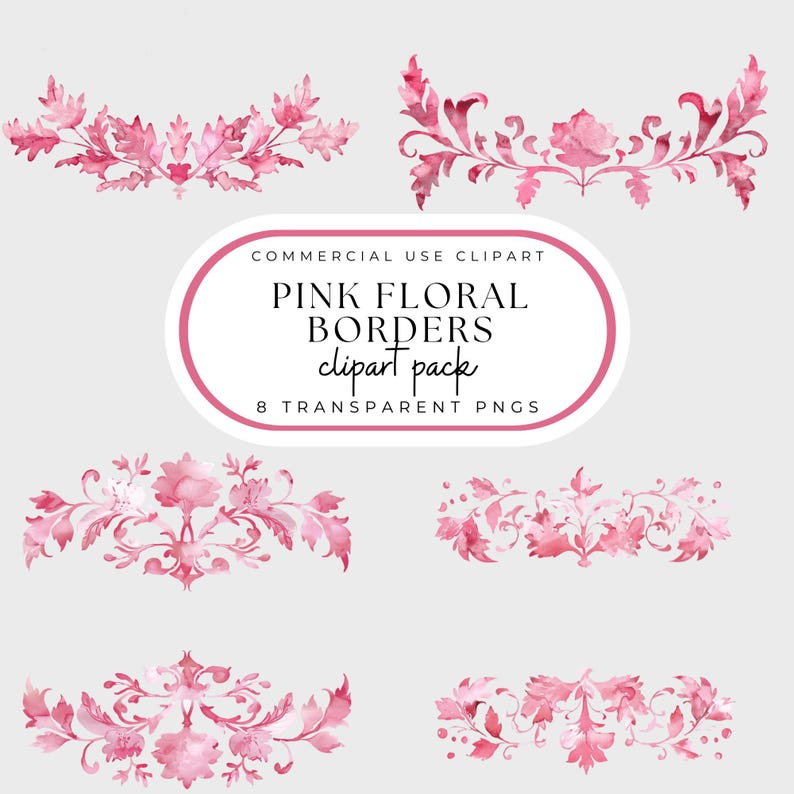 Pink Floral Border PNG, Clipart Pack, Watercolor Frames, Grand ...