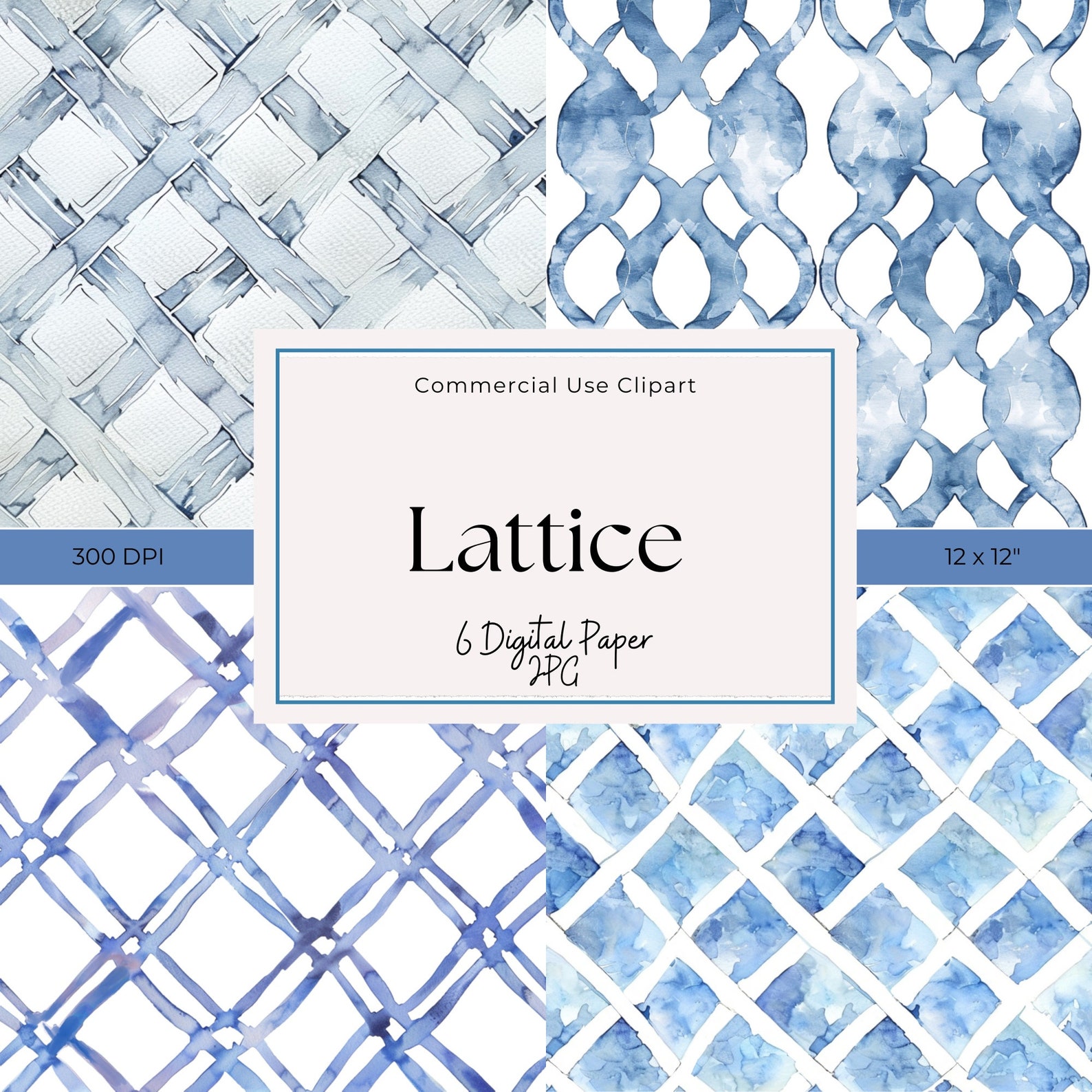 Lattice Digital Paper, Watercolor Design, Geometric Shapes in Blue ...
