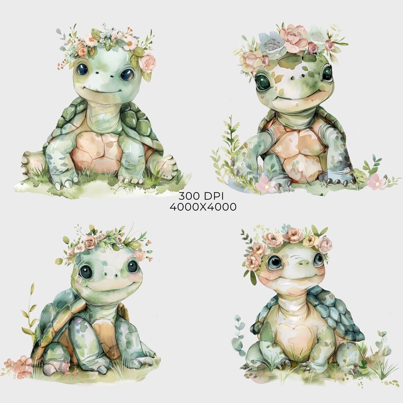 Baby Turtles With Flowers PNG Clipart Bundle, Cute Turtles With Floral ...