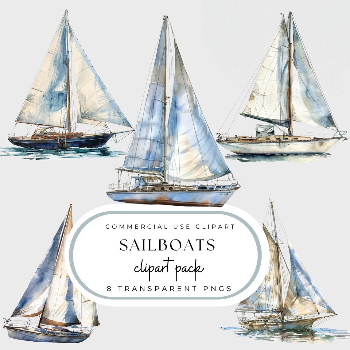 Watercolor Sailboats Clipart Bundle: Nautical Pngs (digital Download ...