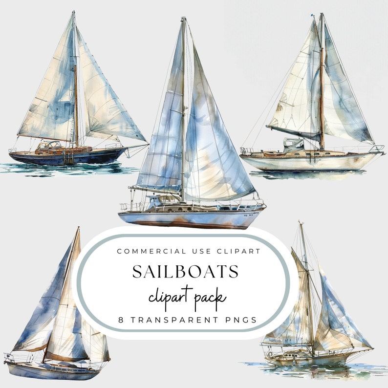 Watercolor Sailboats Clipart Bundle: Nautical Pngs (digital Download ...