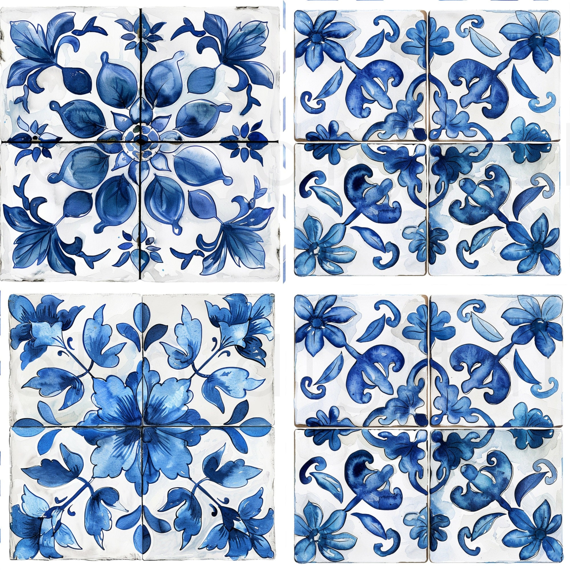 Blue Mediterranean Tile Clipart: Watercolor Azulejo Digital Paper ...