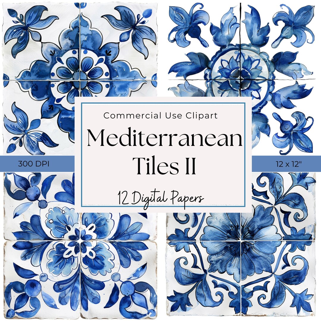 Mediterranean Tile Clipart, Blue and White, 12 Digital Paper ...