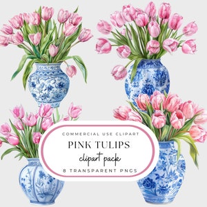 Pink Tulip Clipart: Watercolor Flowers in Toile Vase (PNG) - Etsy