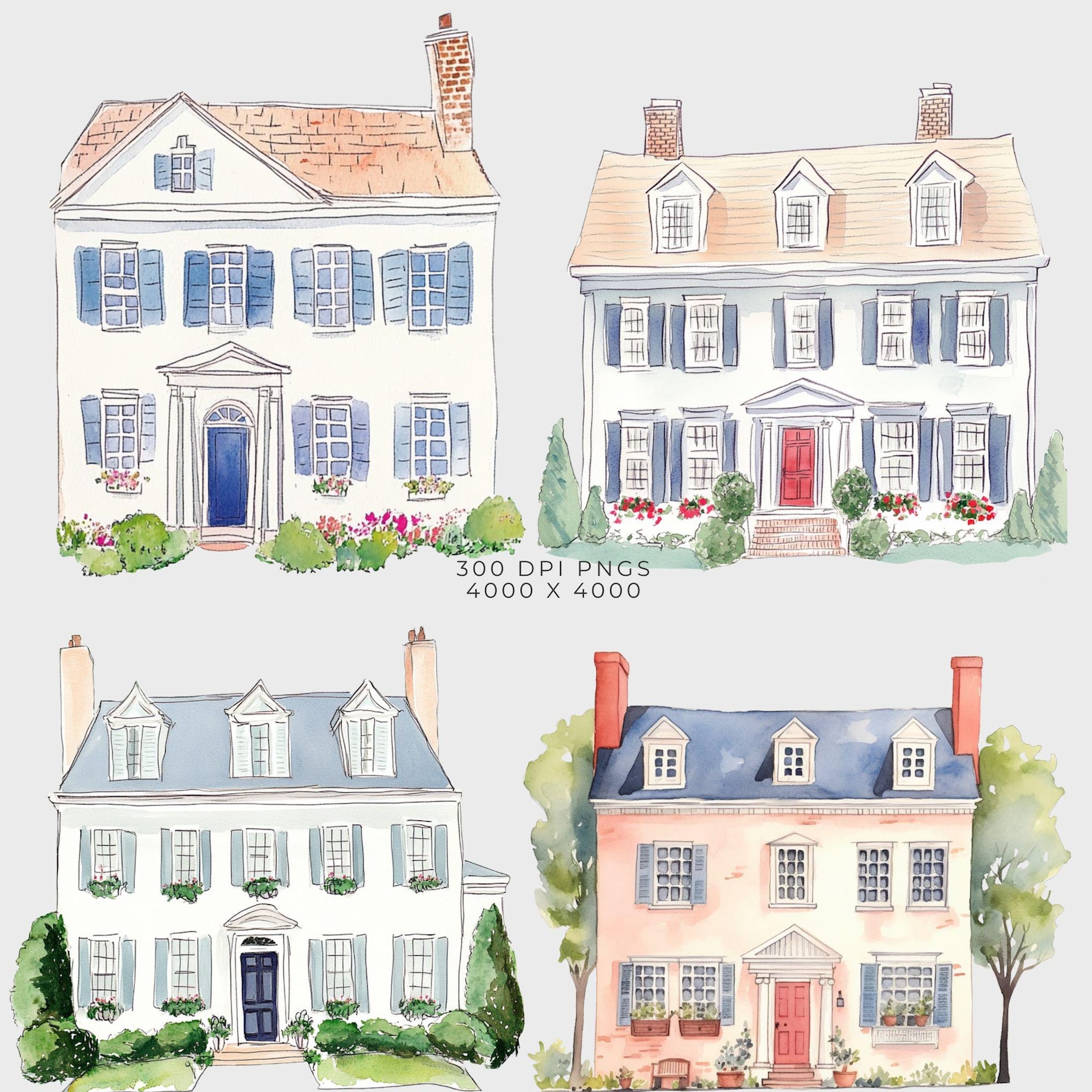 Cute House Clipart Pack, Quirky Colonial Watercolor Houses, Whimsical ...