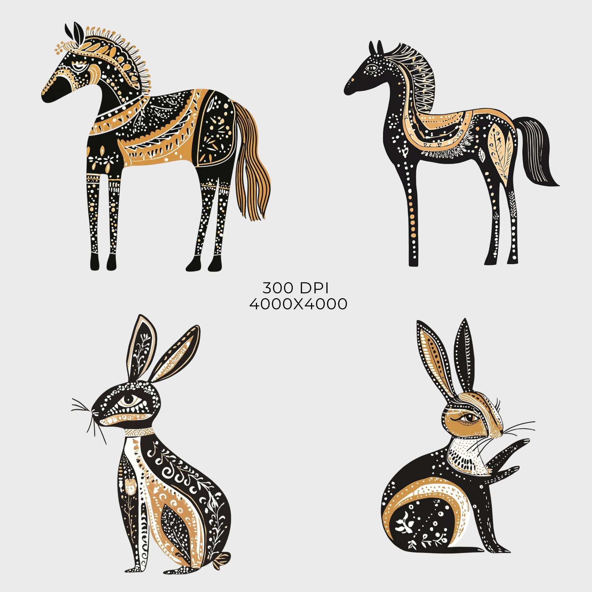 Scandinavian Folk Art Clipart Nordic Whimsical Animals Pngs Black and ...