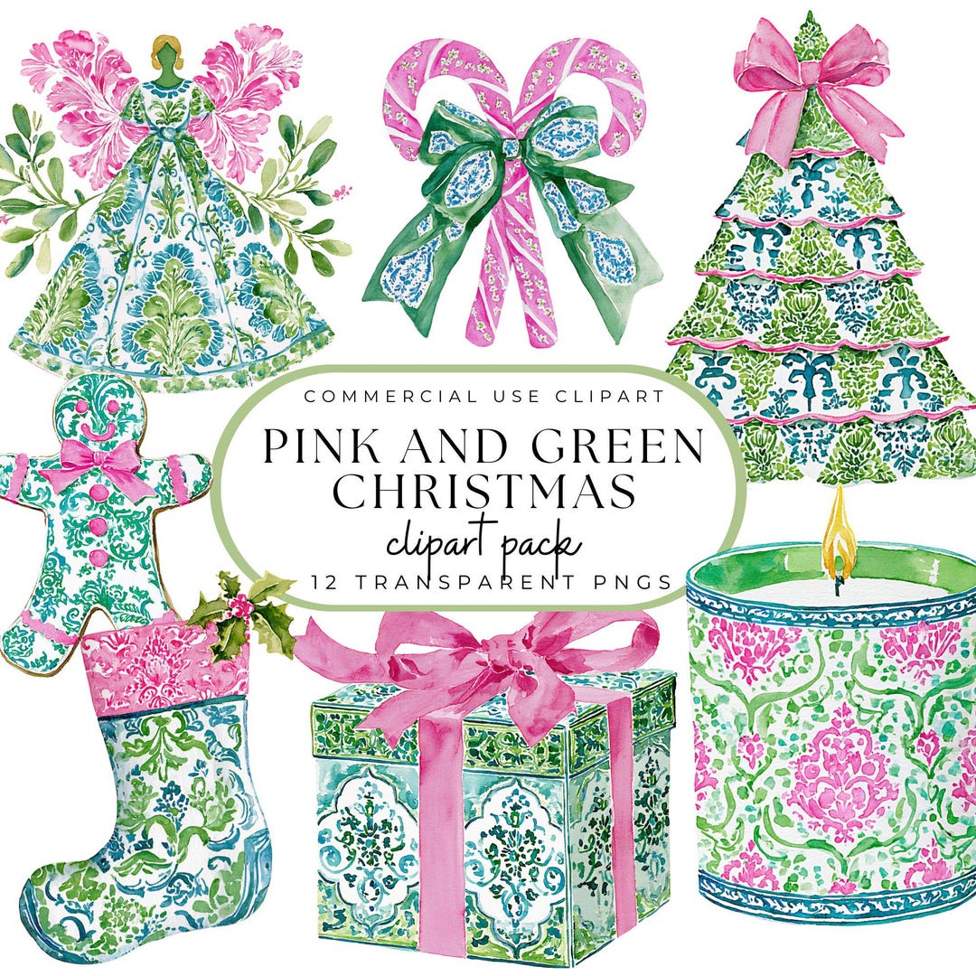 Watercolor Christmas Clipart: Pink & Green Holiday PNG Files - Etsy