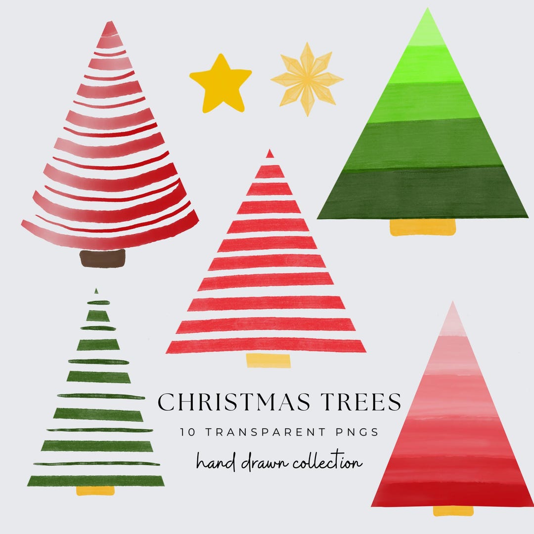Christmas Tree Clipart Pack, Watercolor Christmas Trees With Stars ...