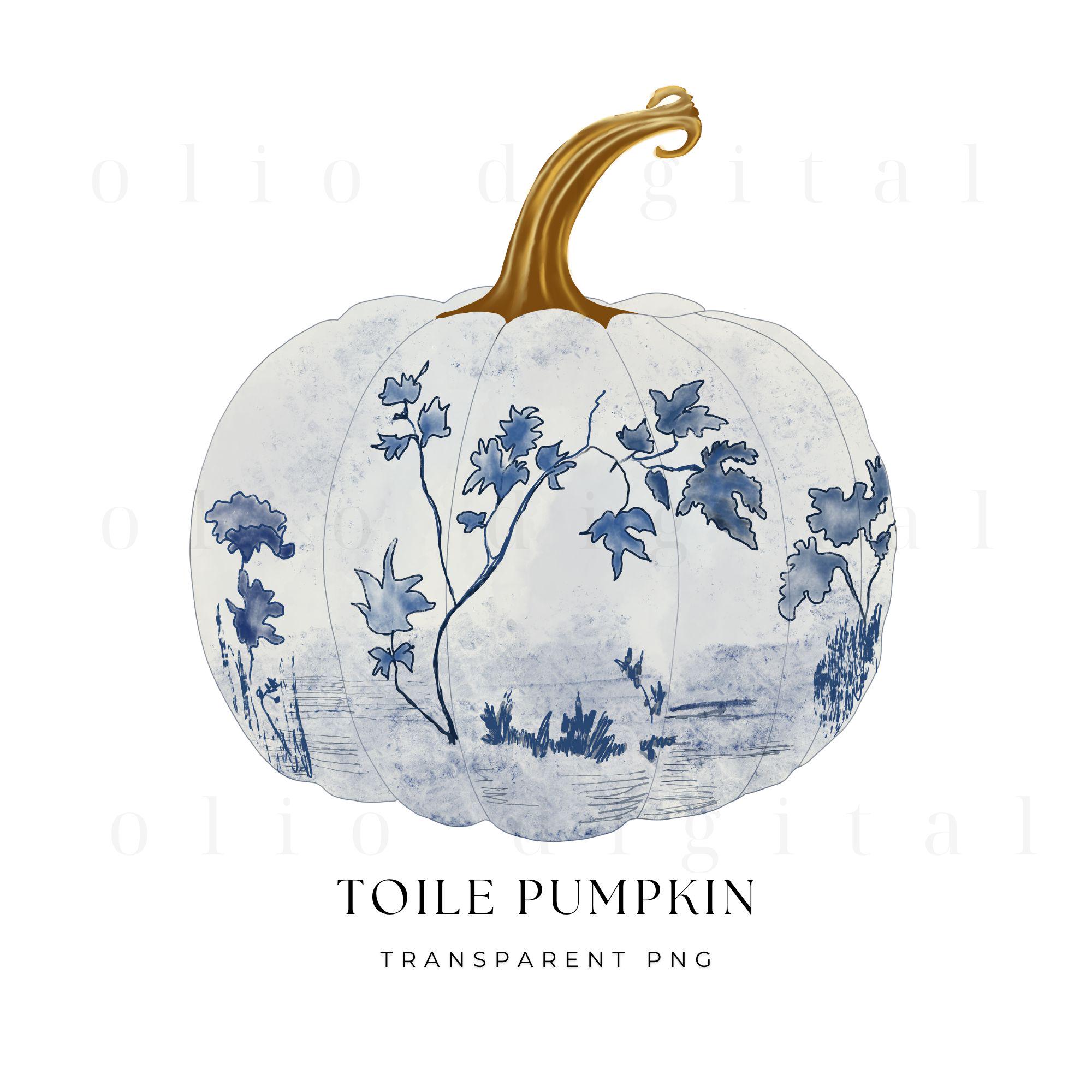 Toile Pumpkin Clipart: Blue and White Floral Thanksgiving PNG (digital ...