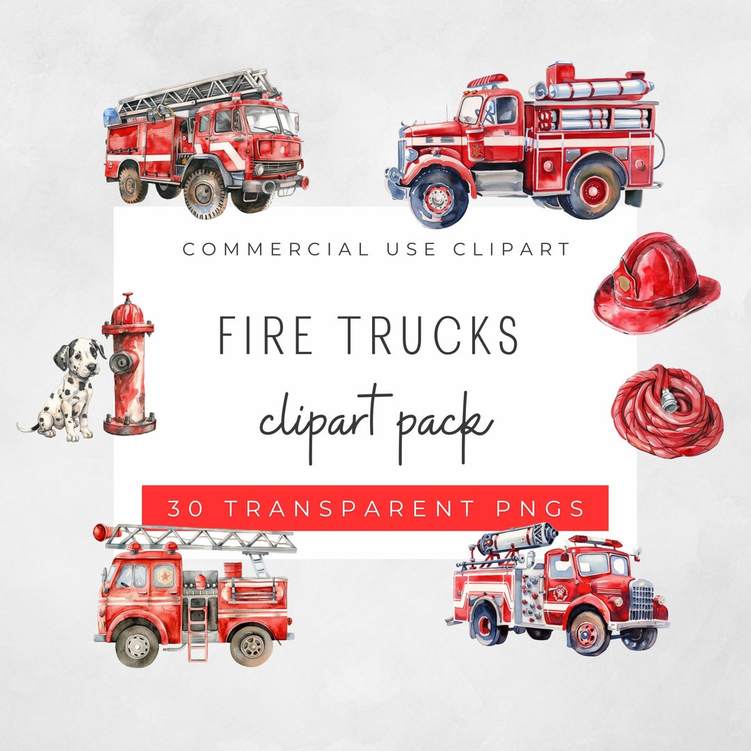 Fire Truck Clipart, Watercolor Fire Engines, Hats, Hydrants, Hoses and ...