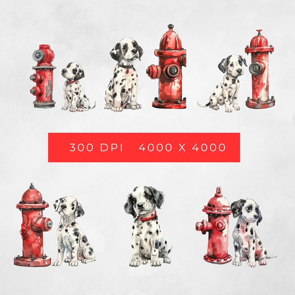 Watercolor Fire Truck Clipart: Dalmatian, Hydrant, Hoses (digital ...