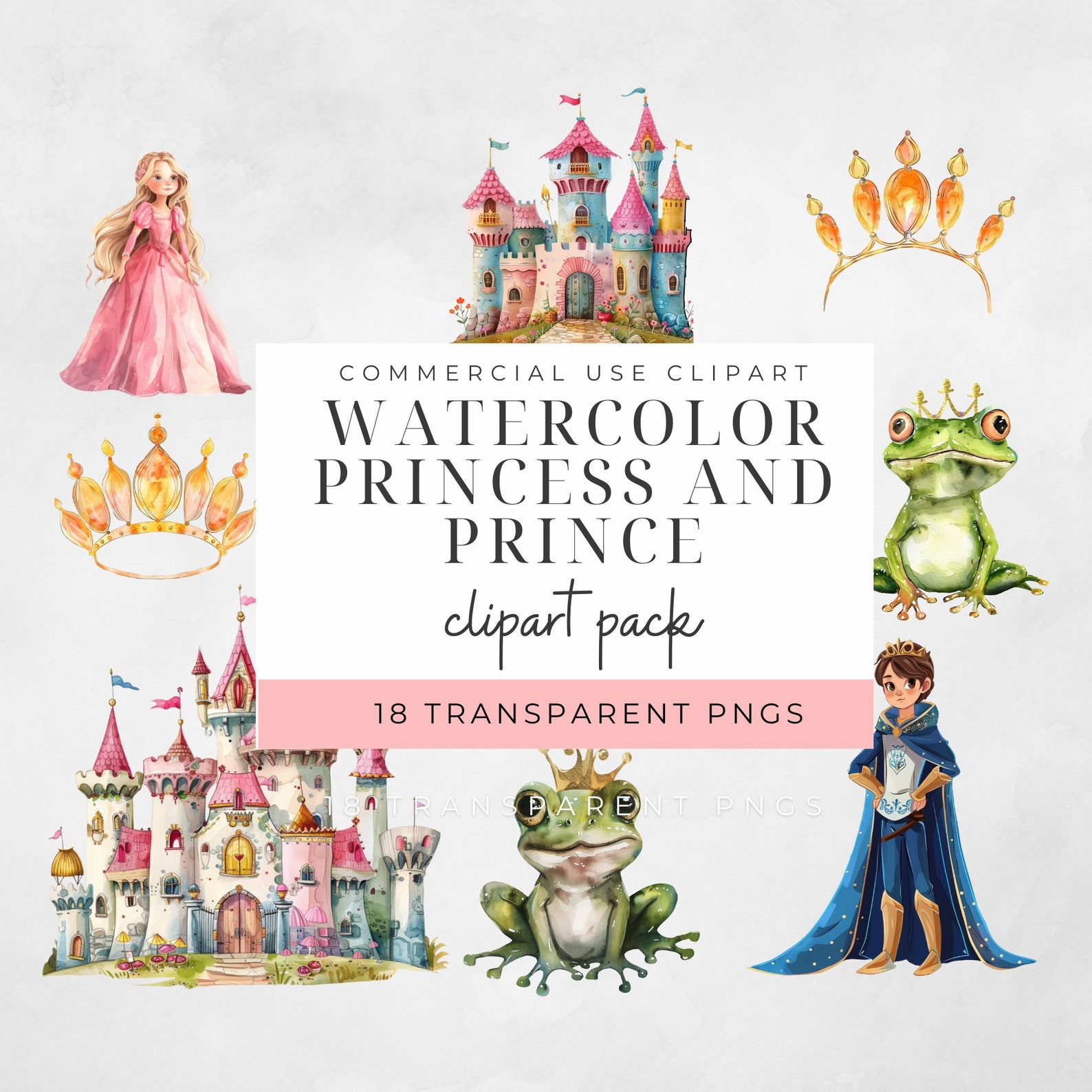 Watercolor Princess & Prince Clipart: Fairytale Castle (commercial Use ...
