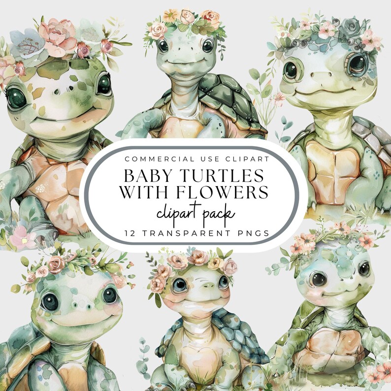 Baby Turtles With Flowers PNG Clipart Bundle, Cute Turtles With Floral ...