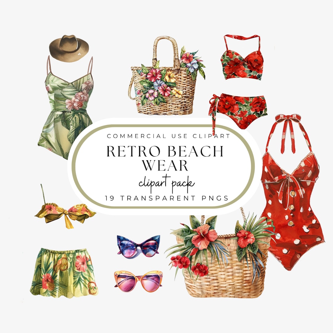 Retro Beach Day Clipart, Summer Vibes , Watercolor Designs of Bathing ...