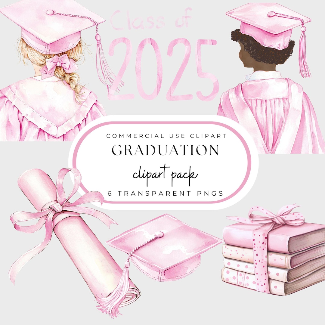 Pink Graduation 2025 Clipart: Watercolor Cap & Diploma Pngs (digital ...