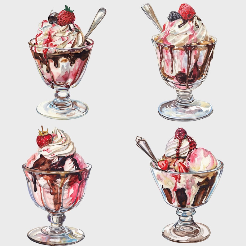 Watercolor Ice Cream Clipart: Sundaes, Cones, Summer Desserts (PNG ...