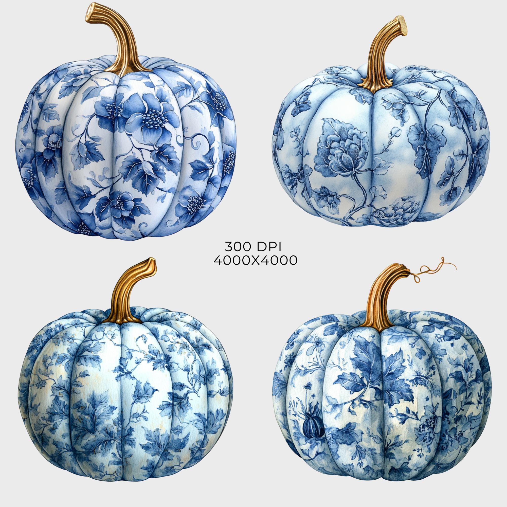 Toile Pumpkin Clipart: Blue Chinoiserie Watercolor Designs (PNG Digital ...