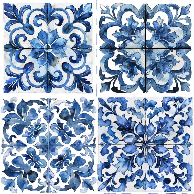 Mediterranean Tile Clipart, Blue and White, 12 Digital Paper ...
