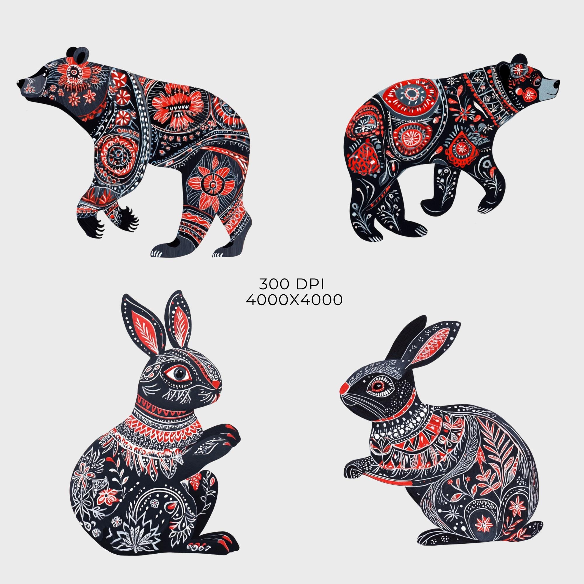 Scandinavian Folk Art Clipart Nordic Whimsical Animals Pngs Black and ...