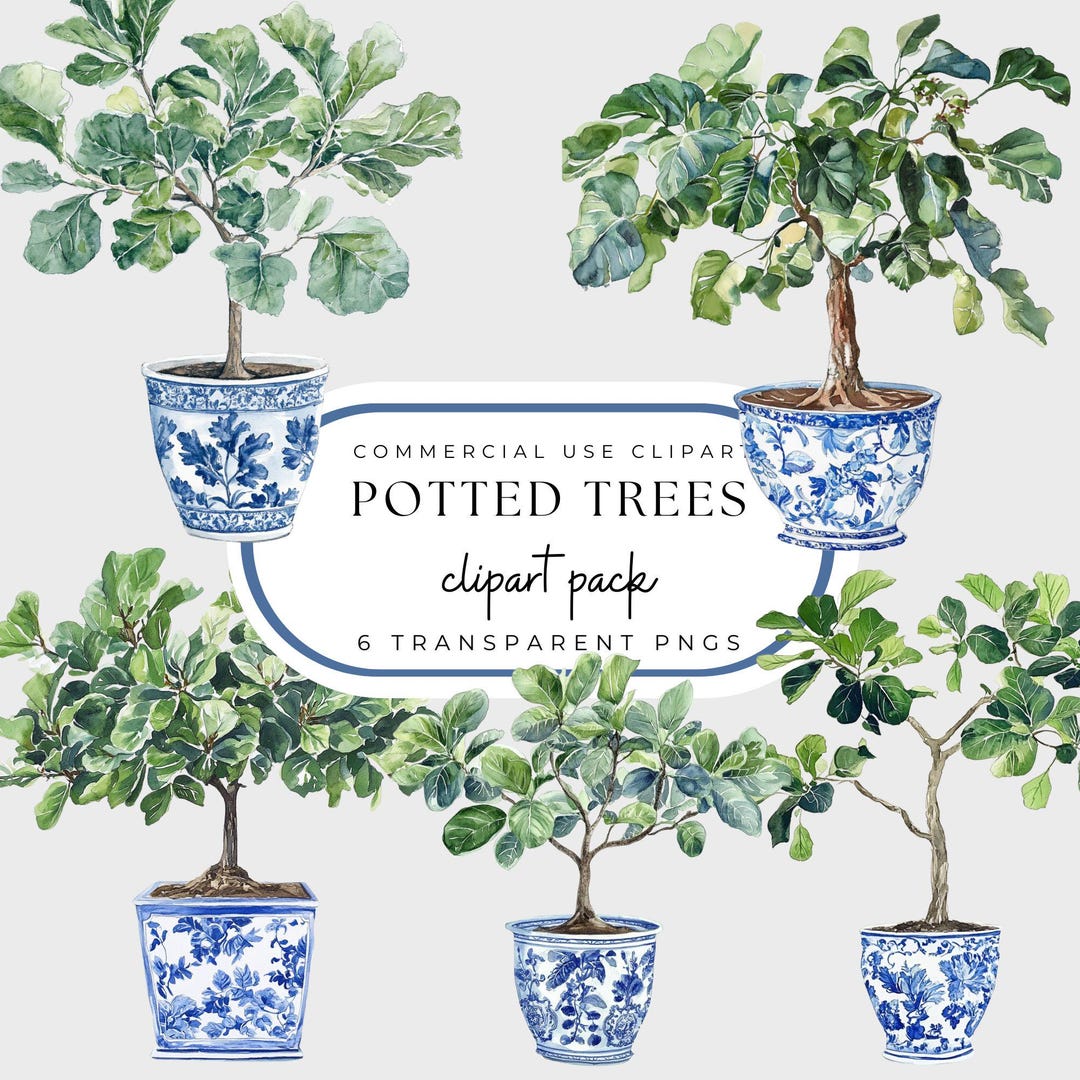 Potted Plants PNG, Chinoiserie Clipart Pack, Blue and White Toile ...