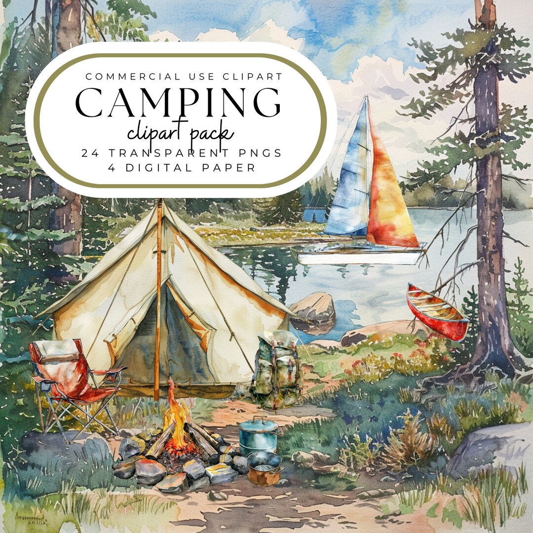Watercolor Camping Clipart: Lake Scene, Canoe, Campfire (digital ...