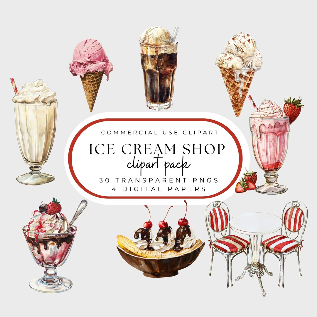Watercolor Ice Cream Clipart: Sundaes, Cones, Summer Desserts (PNG ...