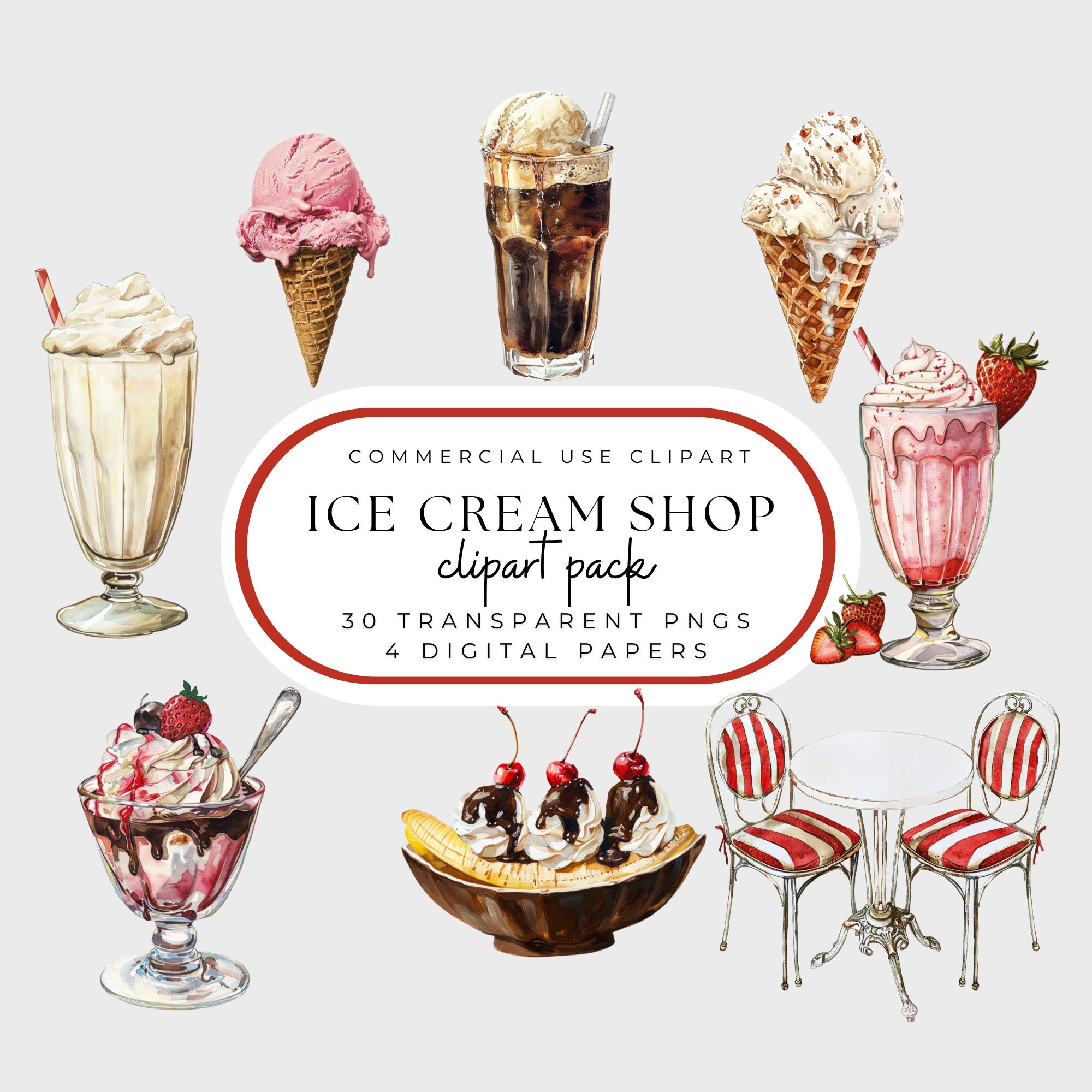 Watercolor Ice Cream Clipart: Sundaes, Cones, Summer Desserts (PNG ...