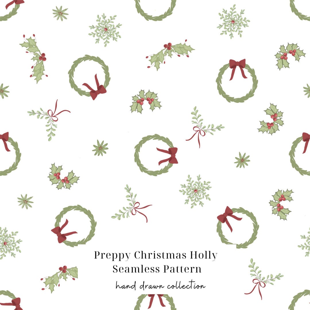 Preppy Christmas Holly Seamless Pattern: Grand Millennial Tile (digital ...