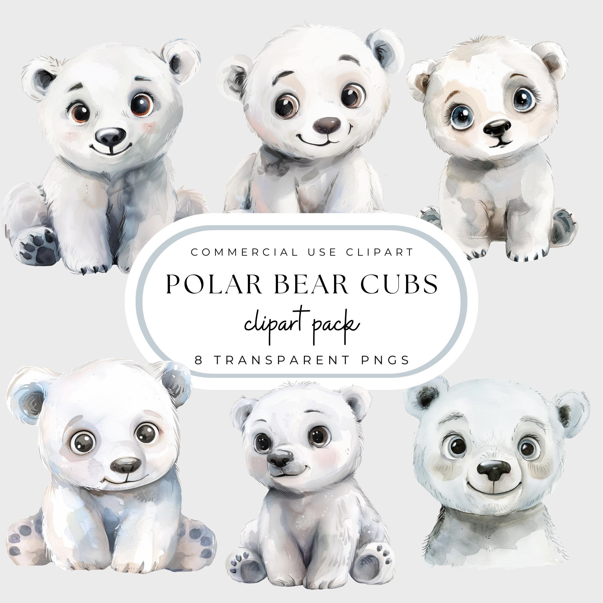 Watercolor Polar Bear Cub Clipart: Winter Scene PNG Graphics ...