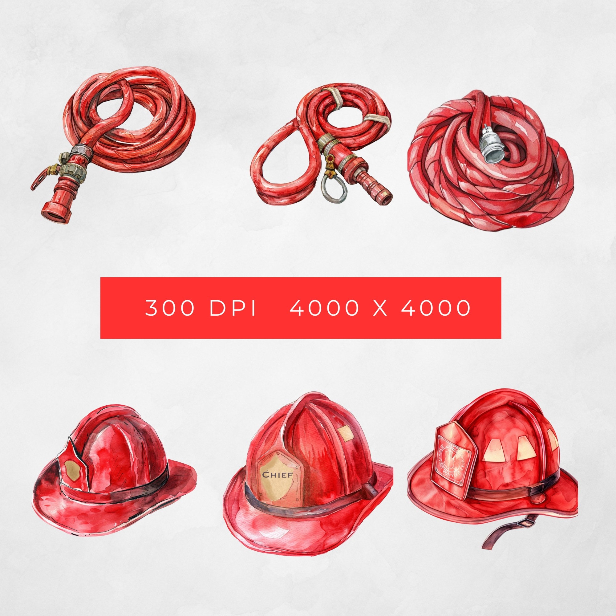 Fire Truck Clipart, Watercolor Fire Engines, Hats, Hydrants, Hoses and ...