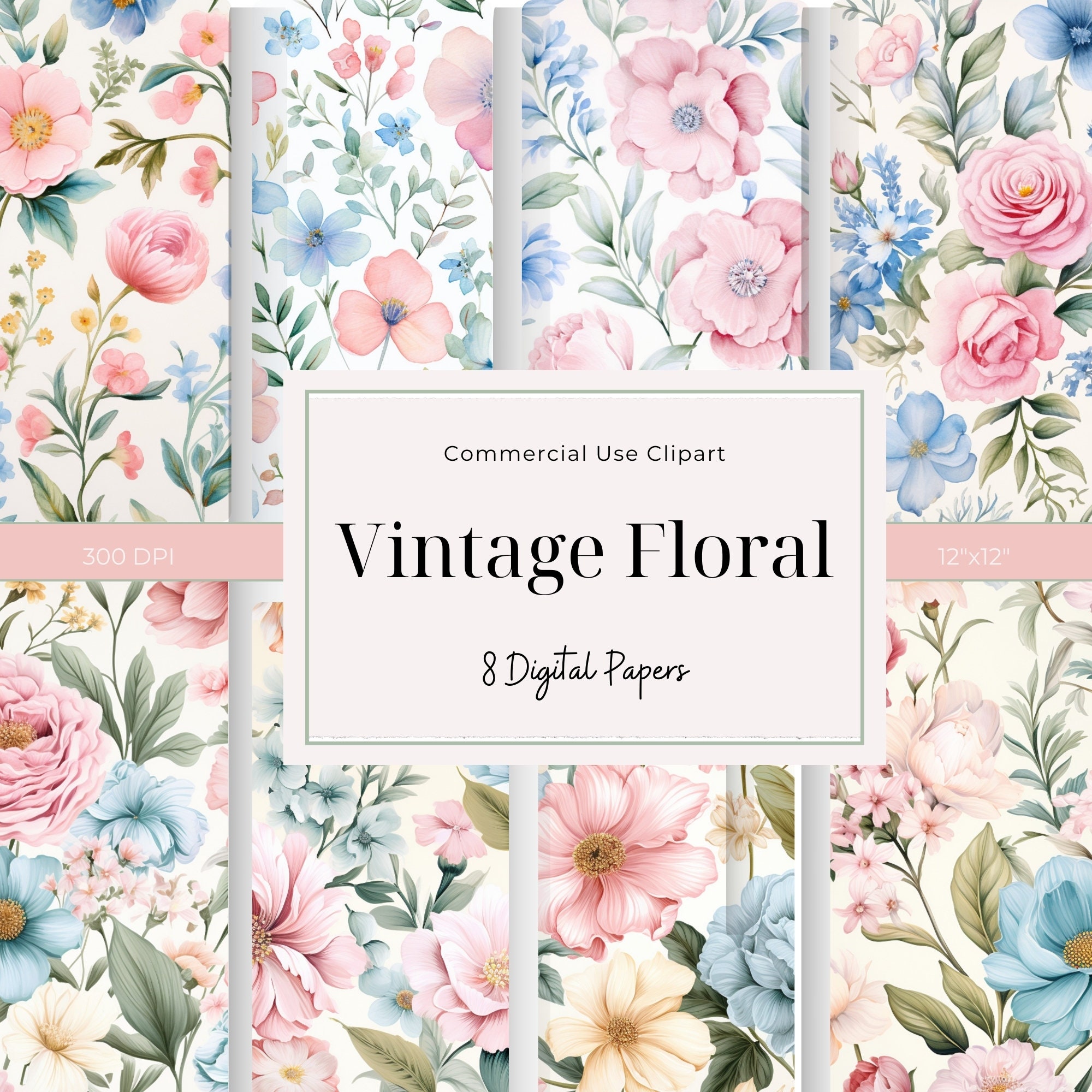 Vintage Floral Digital Paper Watercolor Design Spring Commercial Use ...