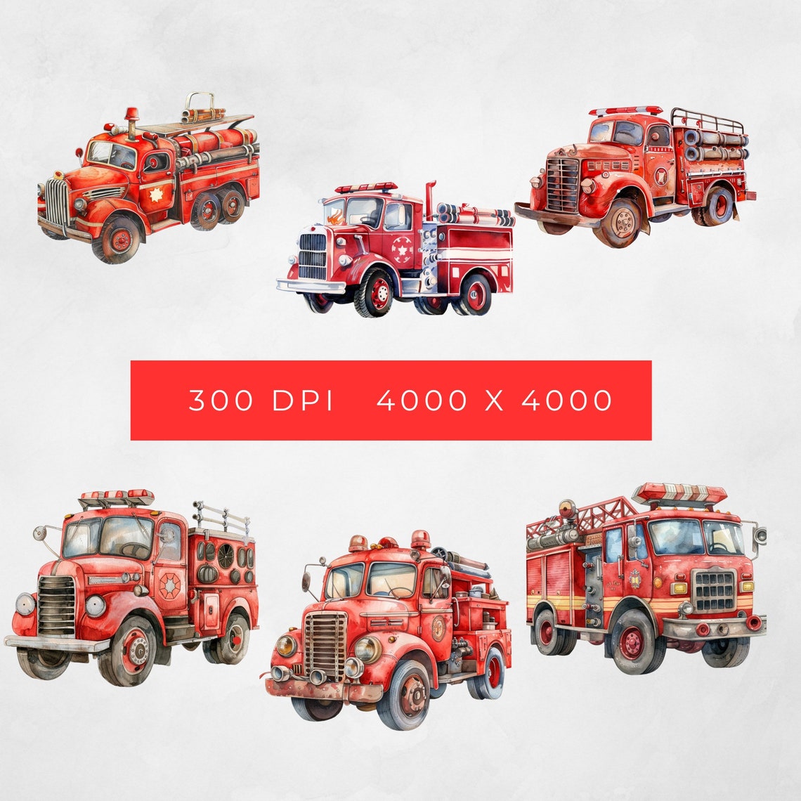 Watercolor Fire Truck Clipart: Dalmatian, Hydrant, Hoses (digital ...