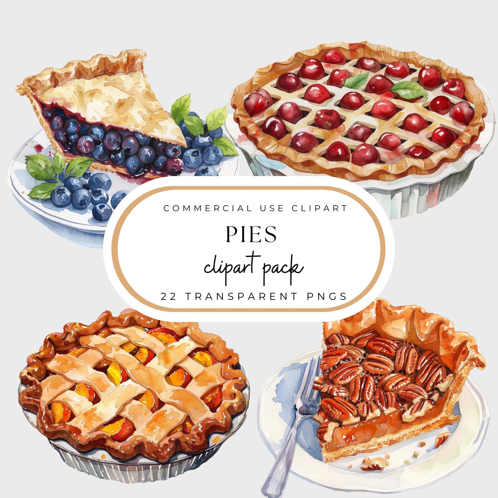 Pie PNG, Watercolor Clipart Pack, Fruit Pies, Slices of Pies, Cherry ...
