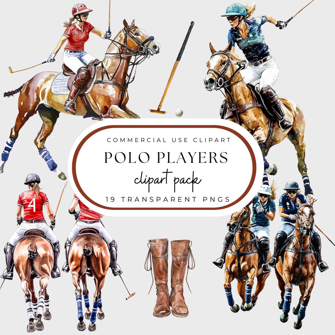 Polo Pngs, Female Polo Players and Ponies Clipart Pack, Watercolor ...