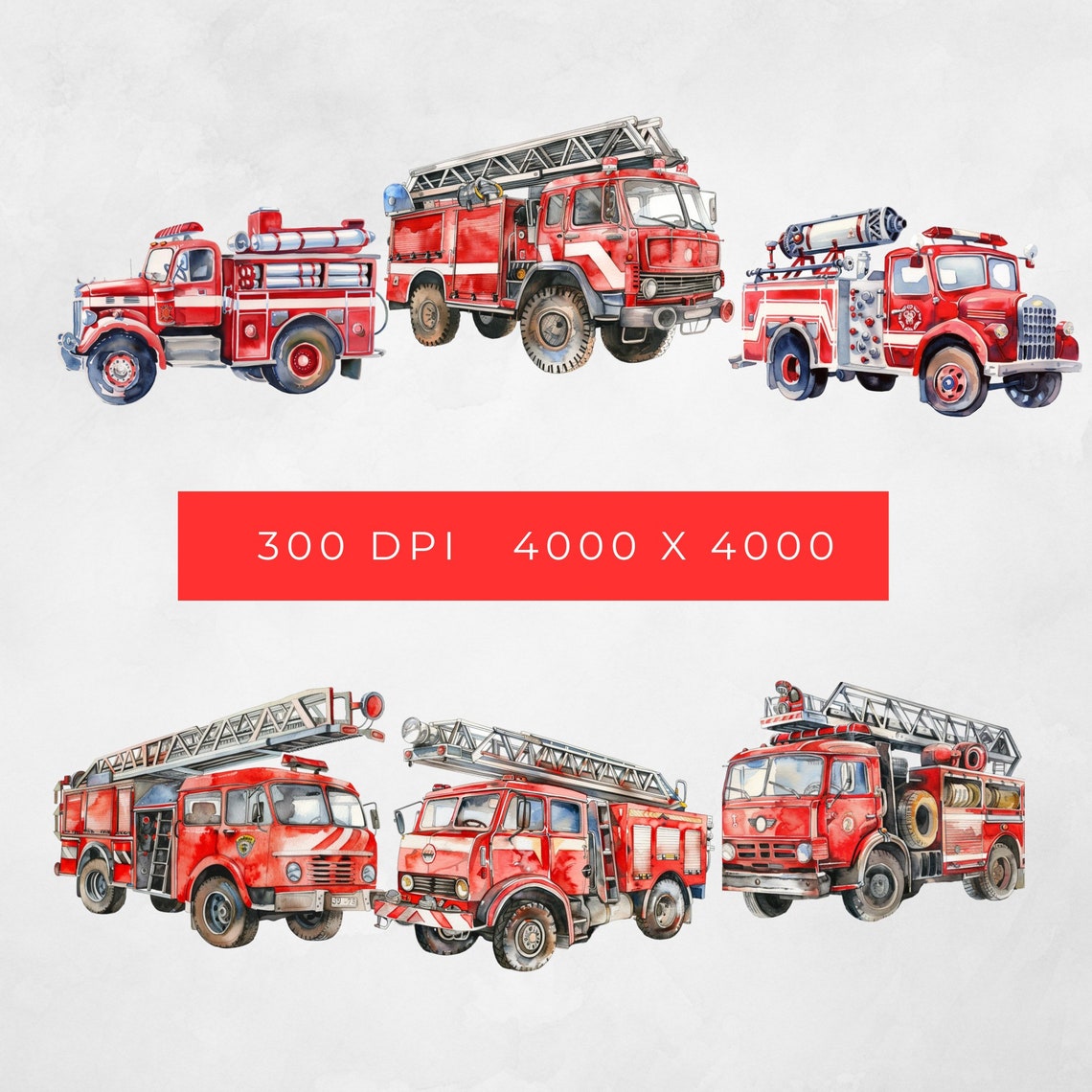 Watercolor Fire Truck Clipart: Dalmatian, Hydrant, Hoses (digital ...