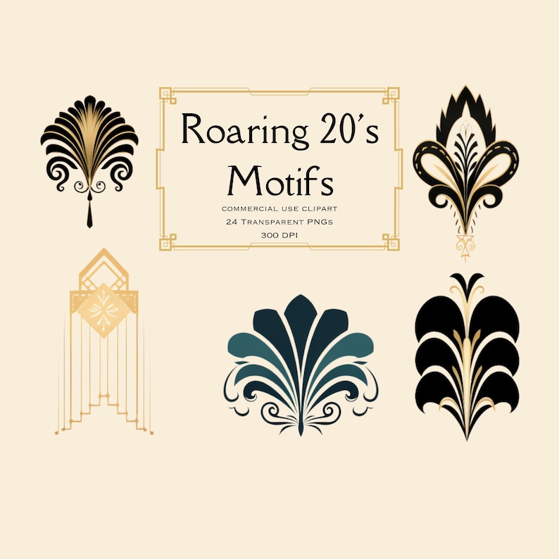 Roaring 20s, Art Deco Clipart, Black, Gold, Motifs, Flapper, Great ...