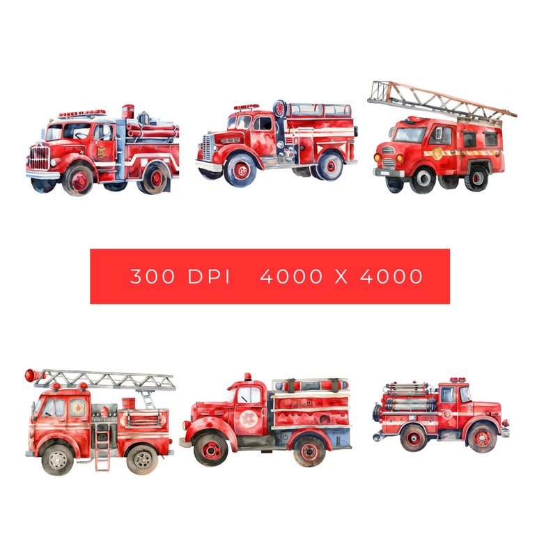 Watercolor Fire Truck Clipart: Dalmatian, Hydrant, Hoses (digital ...