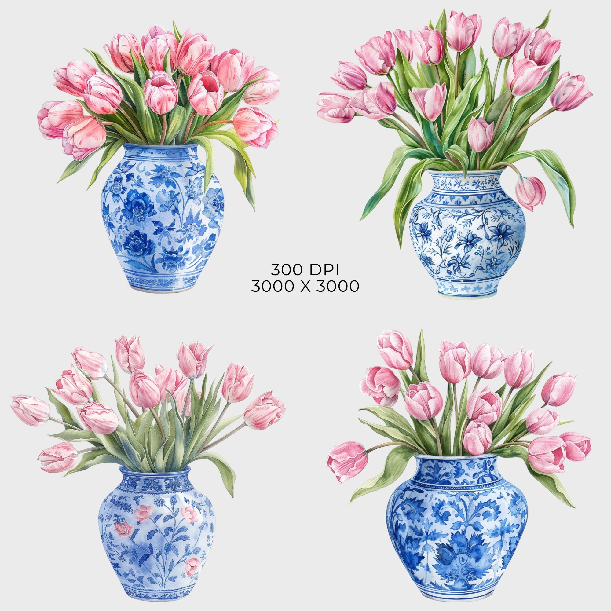 Pink Tulip Clipart: Watercolor Flowers in Toile Vase (PNG) - Etsy