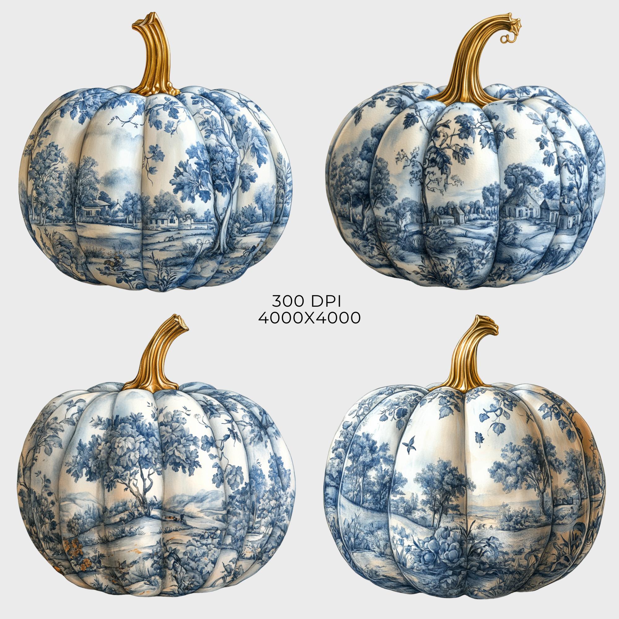 Toile Pumpkin Clipart: Blue Chinoiserie Watercolor Designs (PNG Digital ...