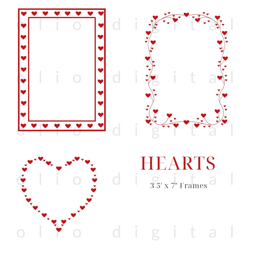 Red Heart Frames Clipart: Patterned Hearts 5" X 7" Designs (PNG Files ...
