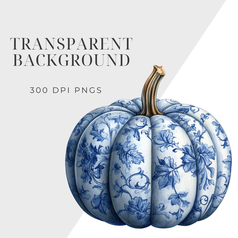 Toile Pumpkin Clipart: Blue Chinoiserie Watercolor Designs (PNG Digital ...