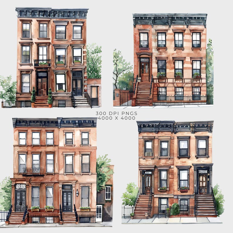 Watercolor Brownstone Clipart: Quirky NYC Row Houses (PNG Digital ...